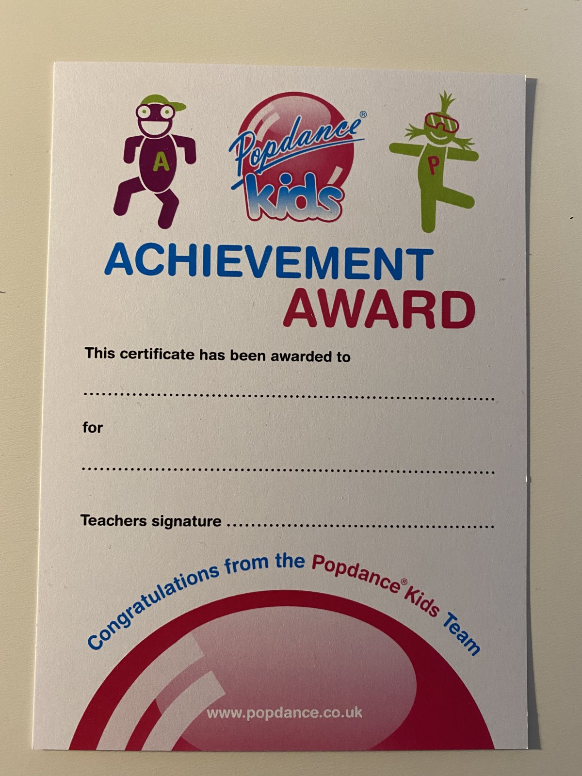 Popdance Kids Achievement Certificates - Popdance